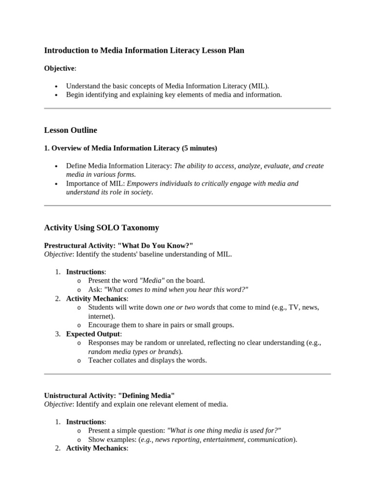 Introduction To Media Information Literacy Lesson Plan | PDF ...