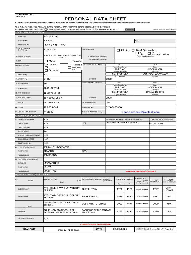 CS Form No. 212 Revised Personal Data Sheet 2 | PDF | Teachers