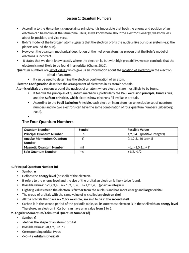 Lesson 1 Quantum Numbers | PDF | Atomic Orbital | Electron