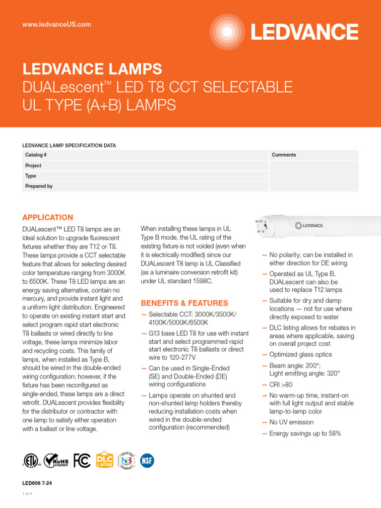 Asset-13221760 - LED606 LEDVANCE LAMPS DUALescent™ LED T8 CCT SELECTABLE UL TYPE (A+B) LAMPS ...