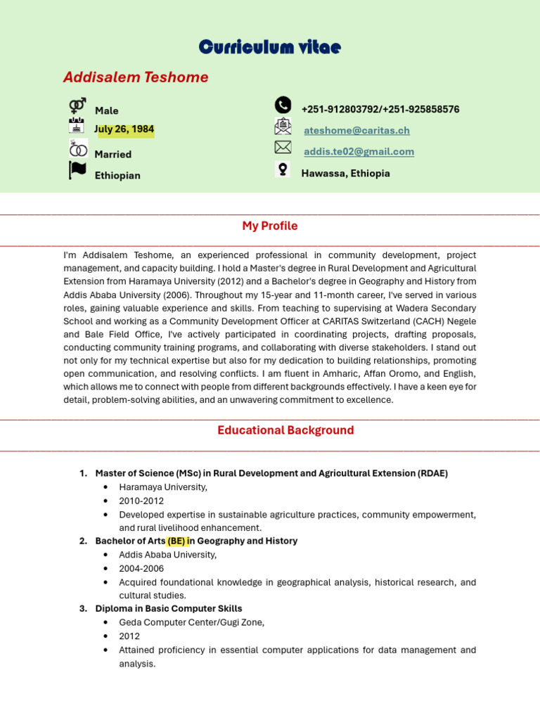 Addisalem Teshome: CV for Caritas Ethiopia | PDF | Wash | Ethiopia