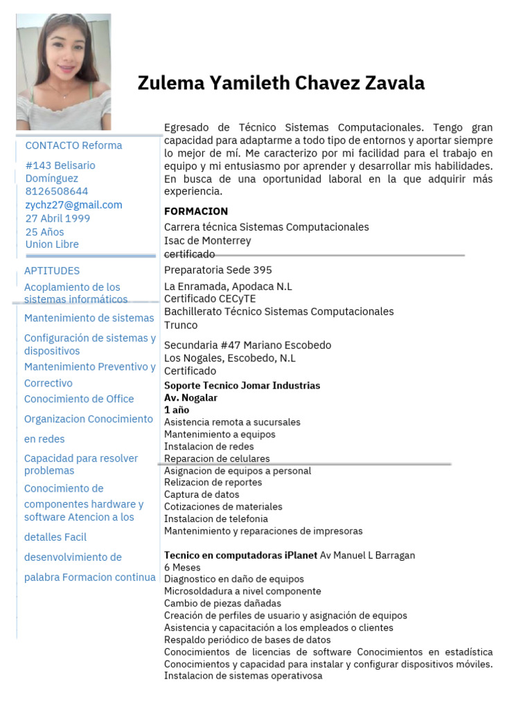 Cv Zulema Chavez Zavala | PDF | Software | Ciencias de la Computación