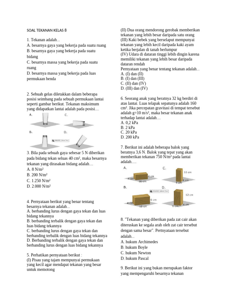 SOAL TEKANAN KELAS 8 bimbel (1) | PDF