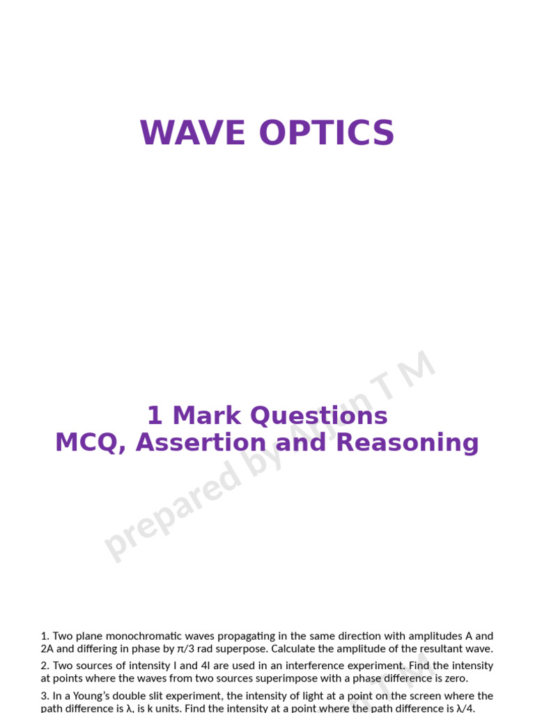 Wave Optics PYQ (1) | PDF | Diffraction | Wavelength