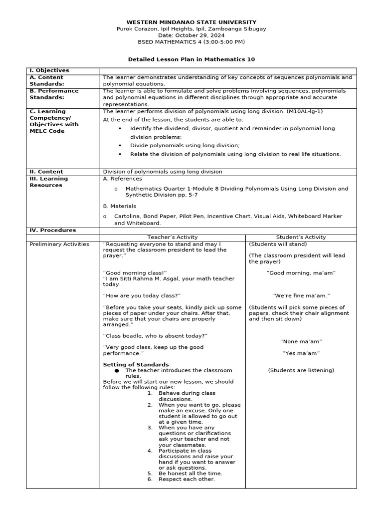 Polynomial Long Division Lesson Plan | PDF | Division (Mathematics ...