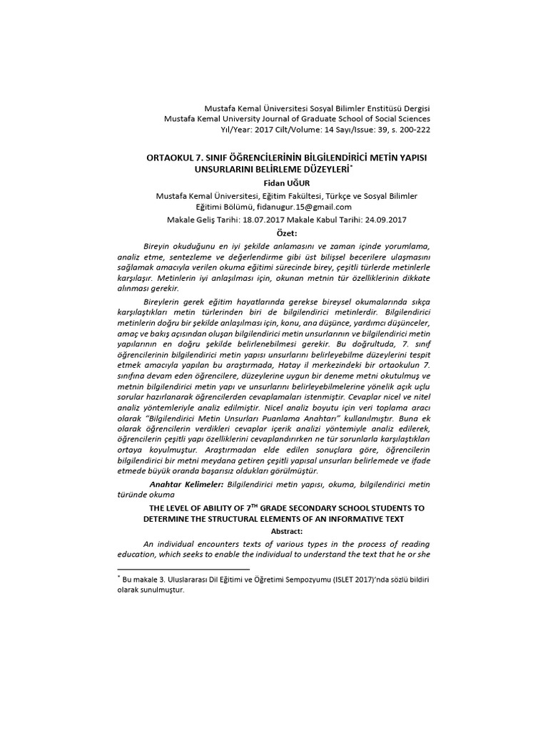 ORTAOKUL 7. SINIF ____RENC__LER__N__N B__LG__LEND__R__C__ MET__N YAPISI UNSURLARINI BEL__RLEME D ...