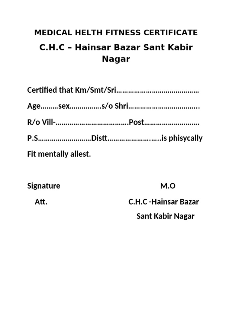 Medical Helth Fitness Certificate | PDF