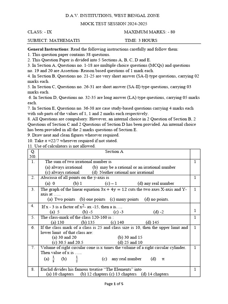 Class IX Mathematics Mock Test 2024-25 | PDF | Area | Circle