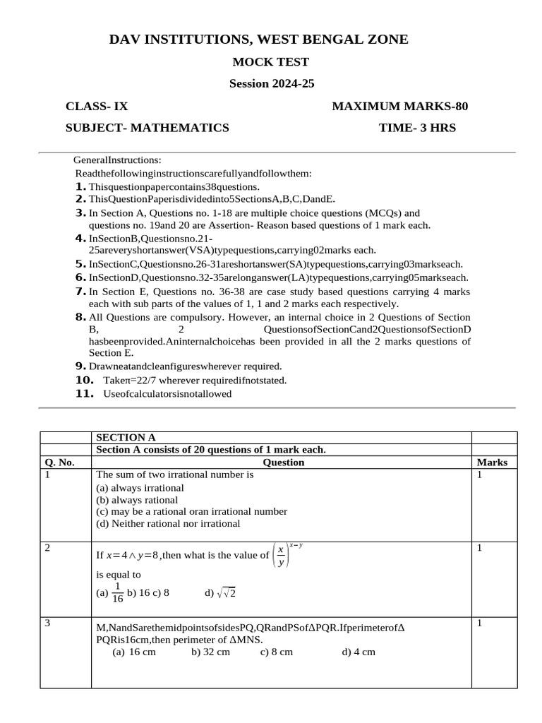 Qp Mock Test(Maths) Ix 2024-25 | PDF | Area | Elementary Geometry