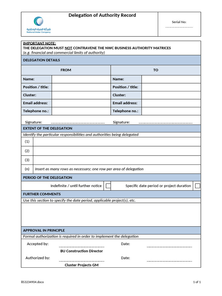 Delegation of Authority Record Template | PDF