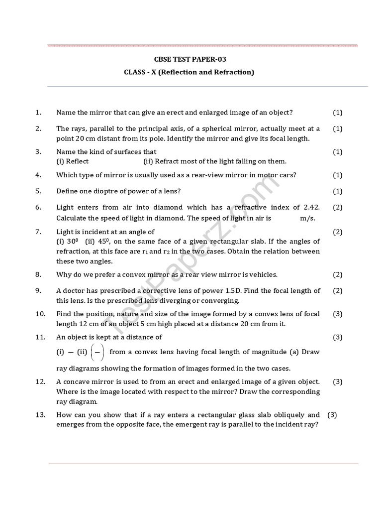Reflection and Refraction Imp Questions Paper 3 | PDF | Mirror | Atomic
