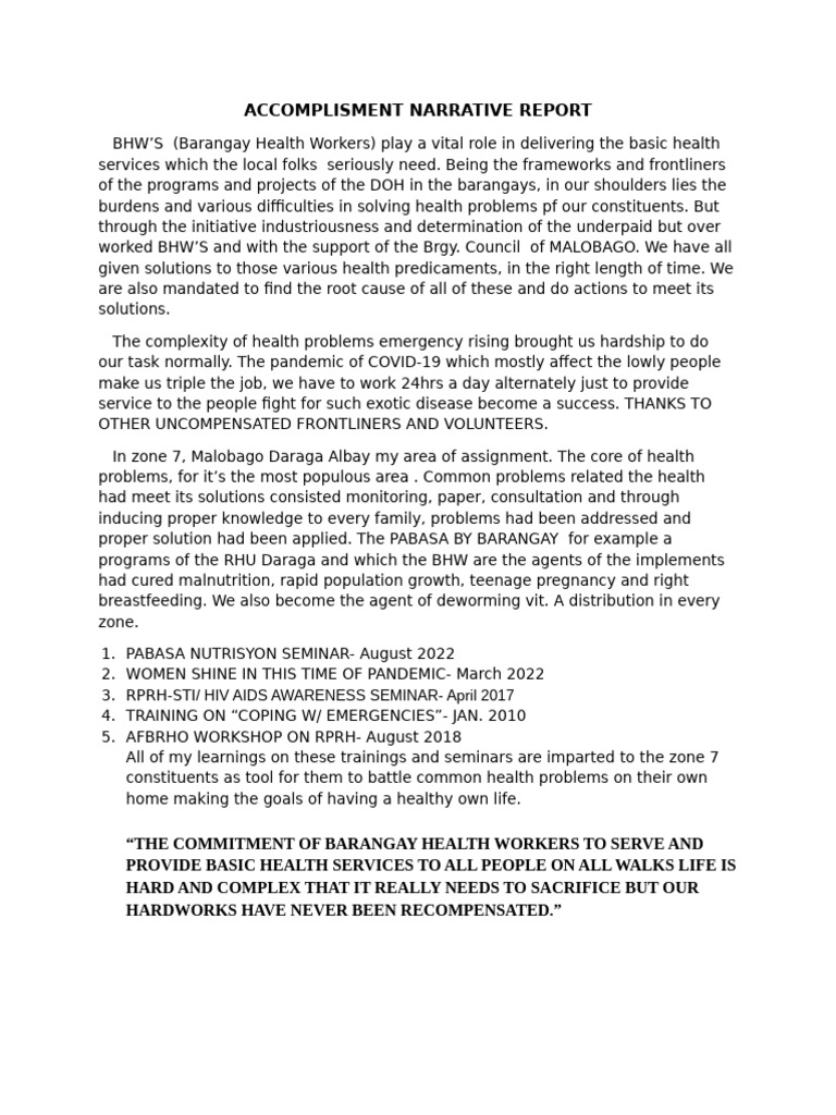 Accomplisment Narrative Report | PDF