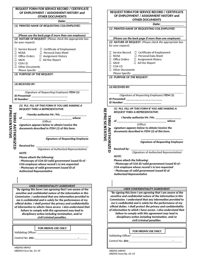 Request Form For Service Record Certificate of Employment Assignment ...