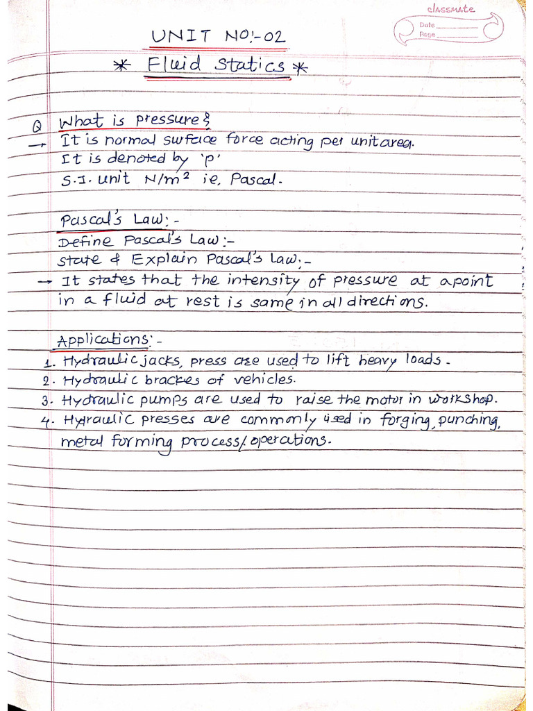 Fluid Statics Handwritten Notes Unit 02 | PDF