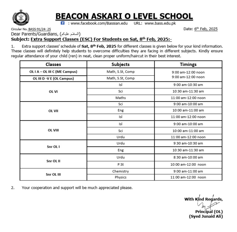 Extra Support Classes Schedule 2025 | PDF