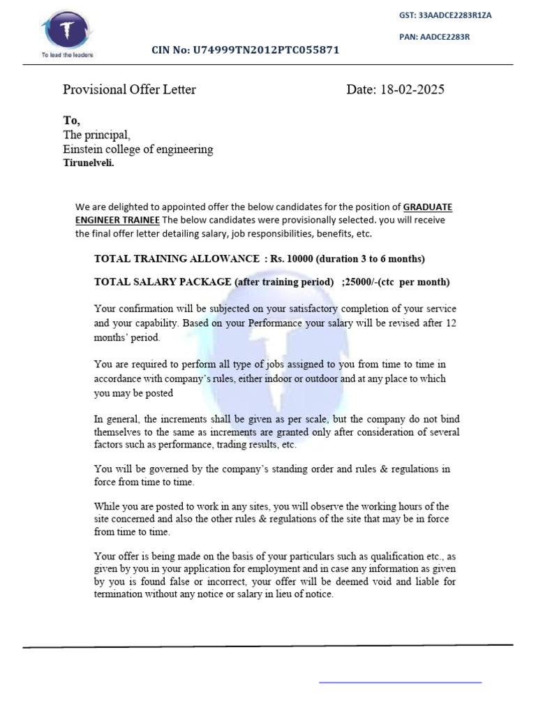 Provisional Offer Letter Trainee - Einstein | PDF | Private Law | Labor