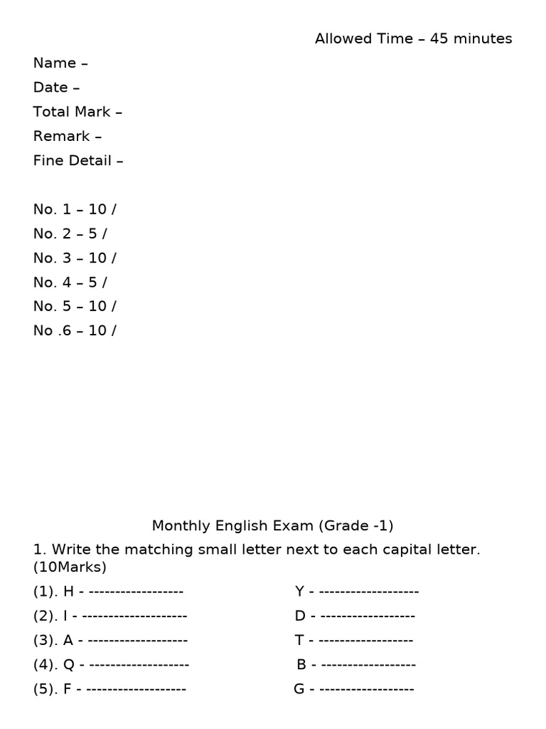 Grade 1 English Monthly Exam | PDF