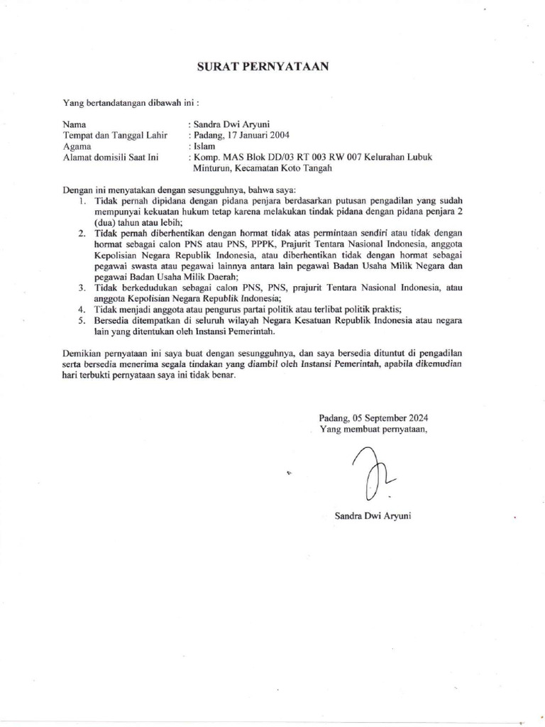 PERNYATAAN 5 PION SANDRA - Compressed | PDF