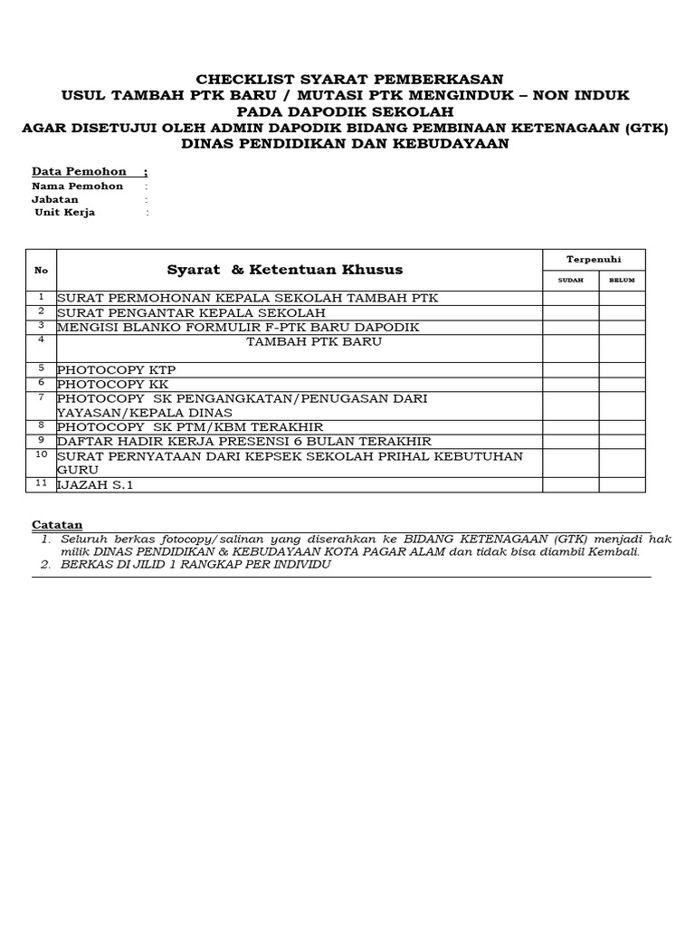 Checklist Persyaratan Usul Tambah PTK Baru Atau Mutasi 1 | PDF