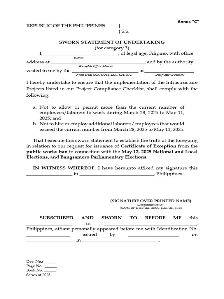 Annex C Sworn Statement of UndertakingCOMELEC | PDF