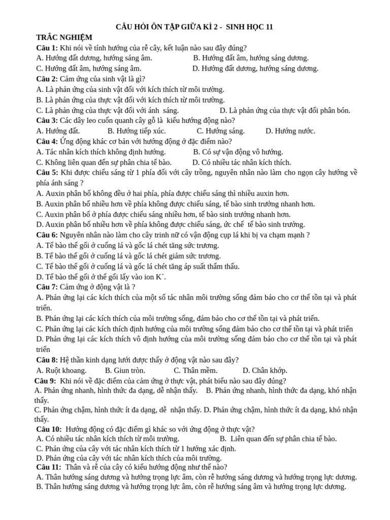 Ôn tập gk2 sinh 11 | PDF