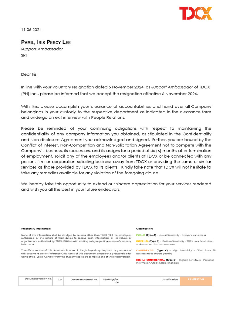 Signed TDCX (PH) Resignation Acceptance Letter - Revised | PDF | Business