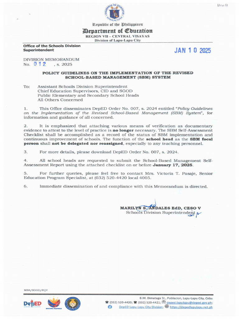 DM No. 012, S. 2025 - Policy Guidelines On The Implementation of The Revised School-Based ...