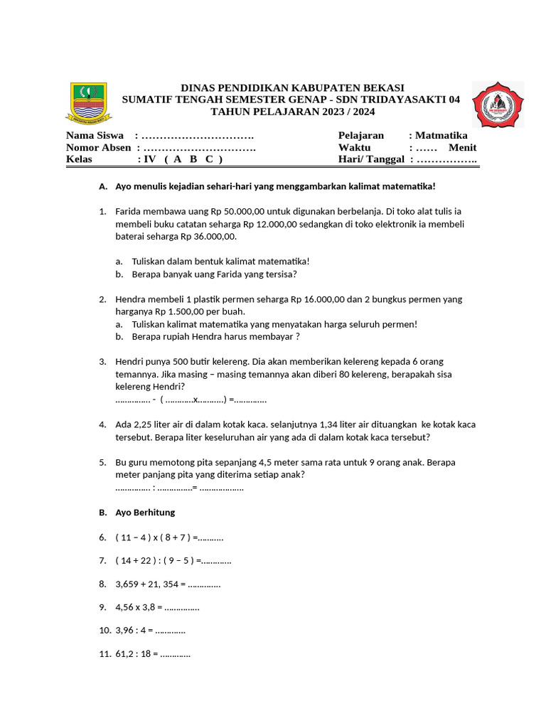 Soal STS MTK GENAP KELAS 4 TA 23-24 | PDF