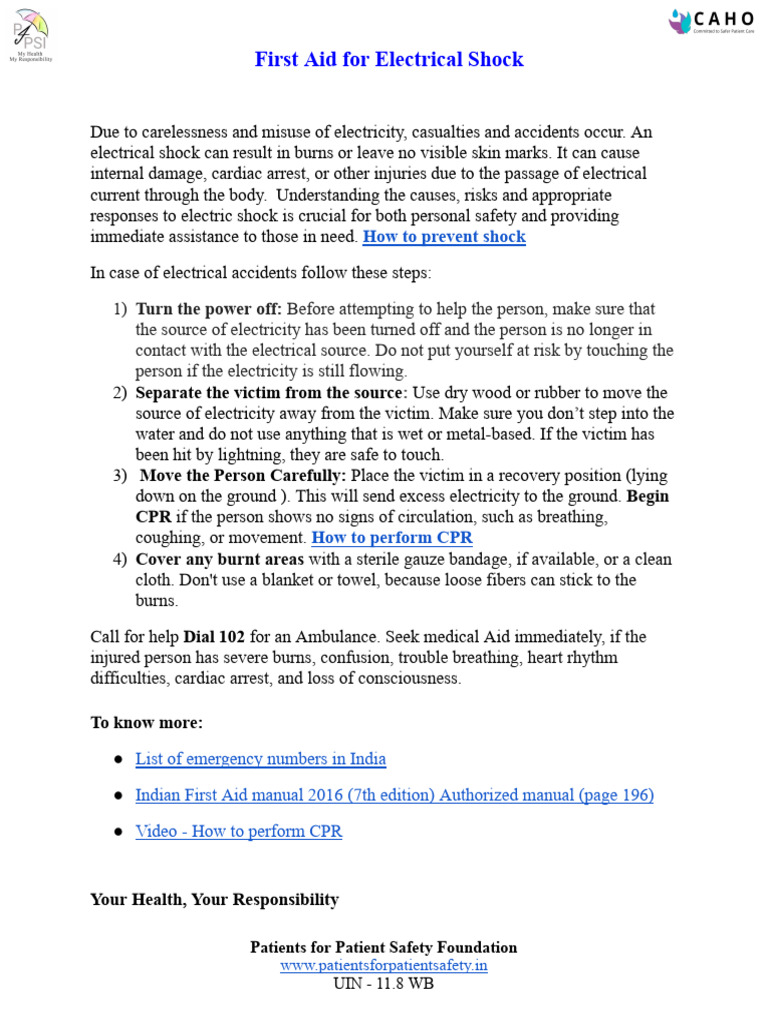 First Aid Steps for Electric Shock | PDF