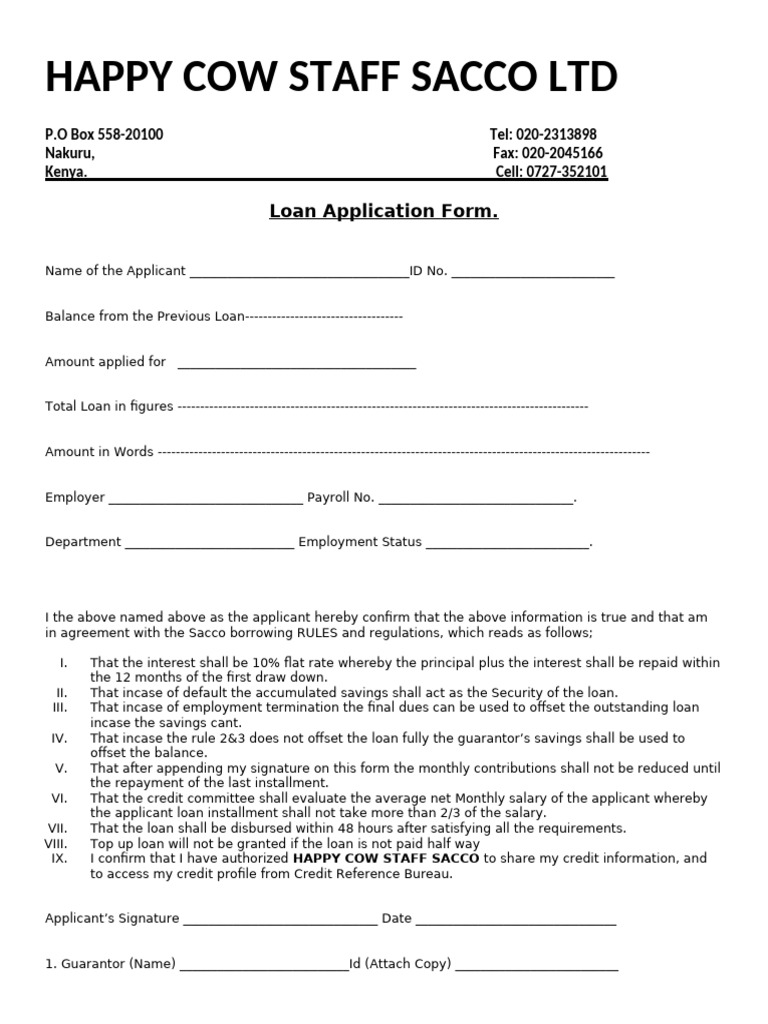 HAPPY COW STAFF SACCO LTD - Loan Application | PDF | Loans | Credit