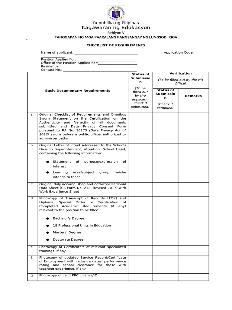 CHECKLIST OF REQUIREMENTS & OMNIBUS (Teacher I Position) | PDF