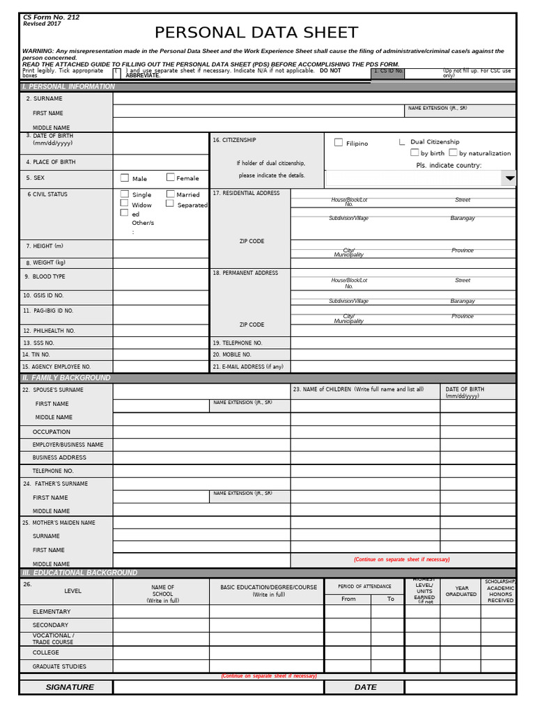 Personal Data Sheet CS Form No. 212 Revised 20172 2 | PDF | Justice ...