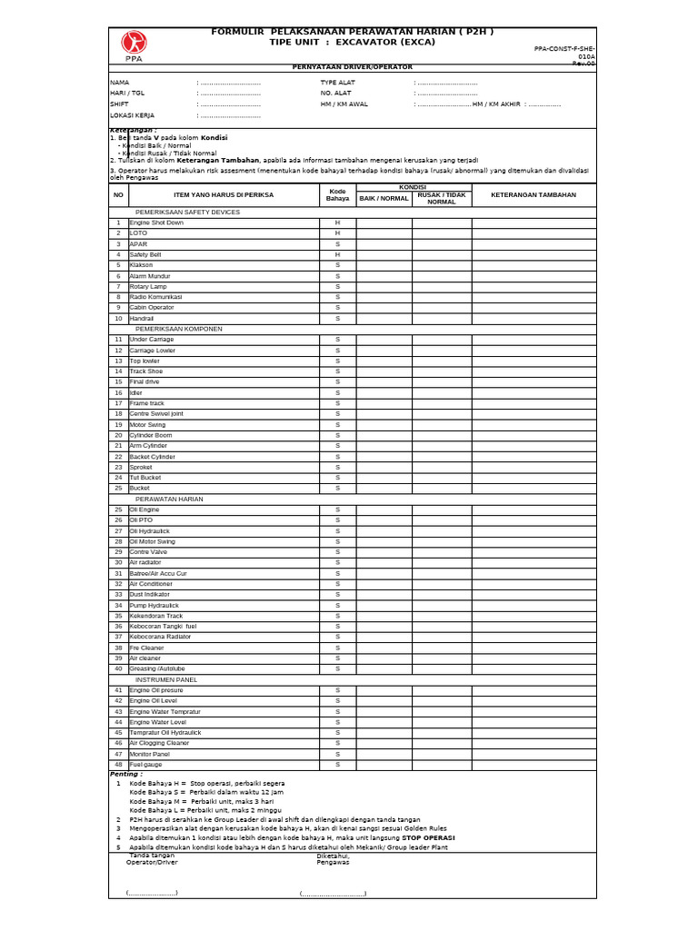 Contoh Formulir P2H Excavator | PDF