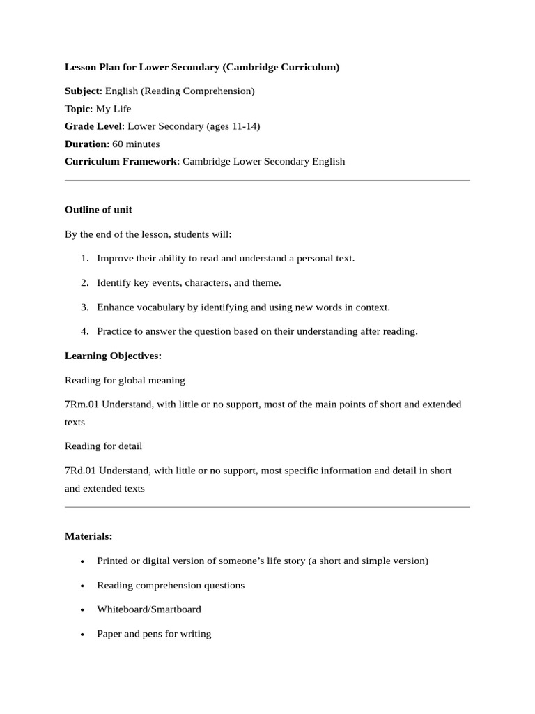 Lesson Plan For Lower Secondary | PDF | Reading Comprehension | Cognitive Science