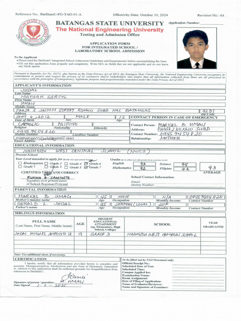 Bsu Application Form - Mathan Gercyl Judal | PDF