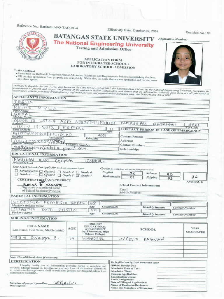 Bsu Application Form - Reine Kyla Festin | PDF