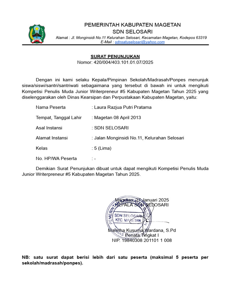 Surat Penunjukan Kepala Sekolah Untuk Junior Writerpreneur | PDF