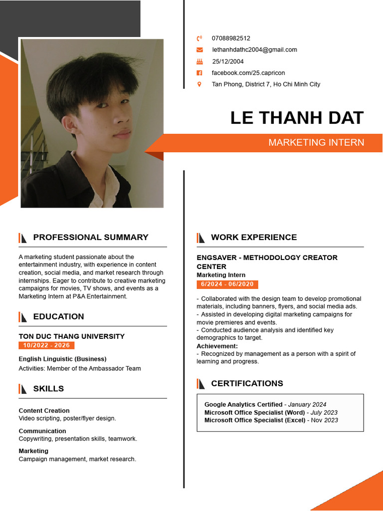 Marketing Intern Profile: Le Thanh Dat | PDF | Promotion And Marketing ...