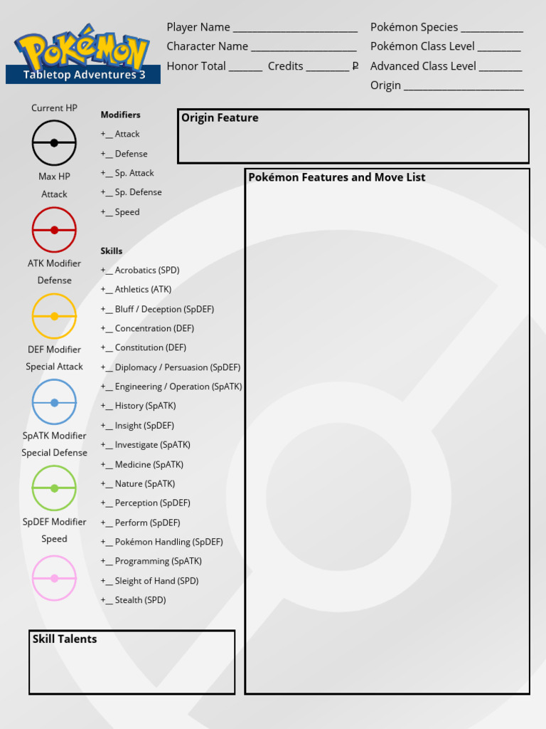 Demo Character Sheet (Pokemon Tabletop United) | PDF