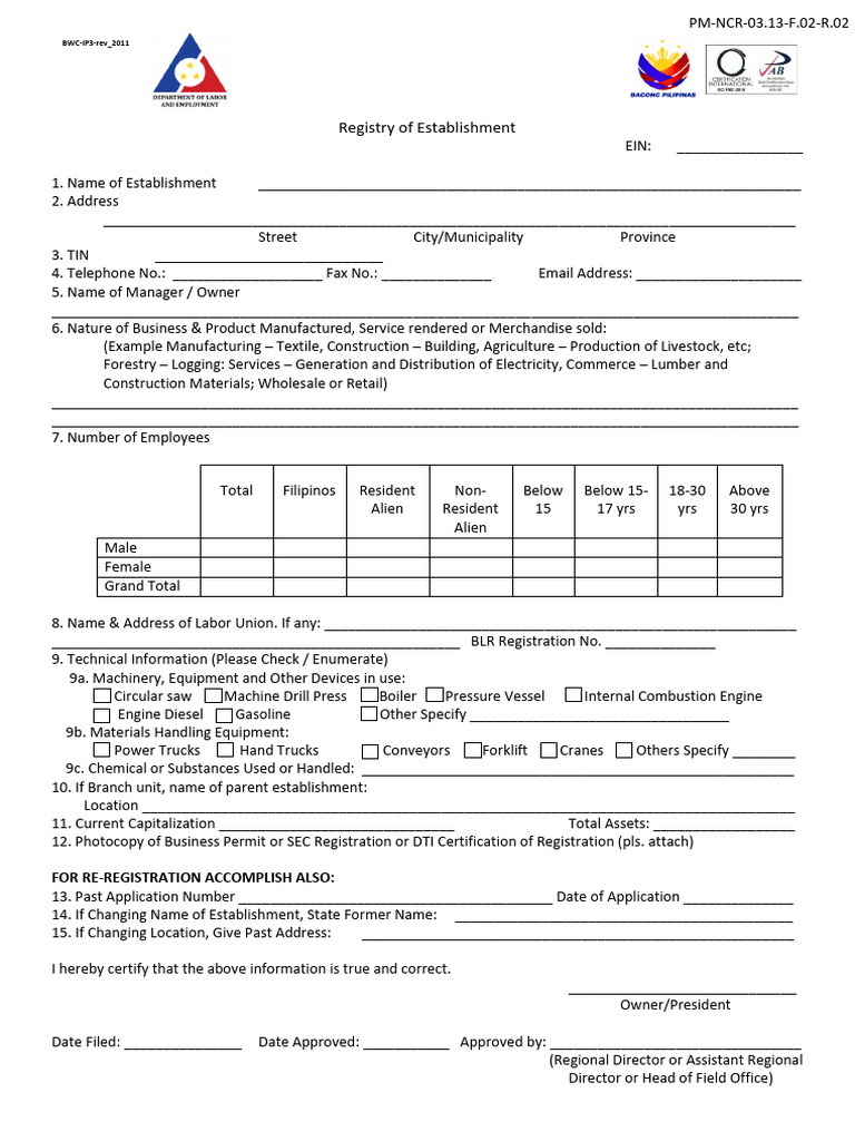 Registry of Establishment Rule1020 | PDF | Engines