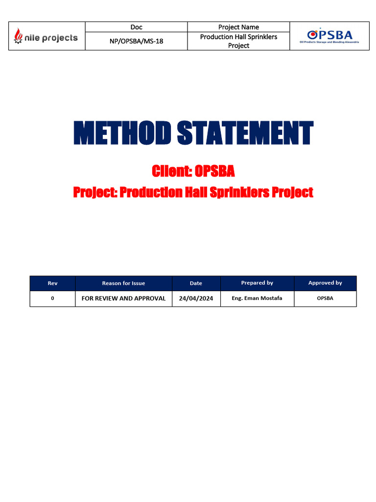 OPSBA-Production Hall Sprinklers Project - Method Statement | PDF ...