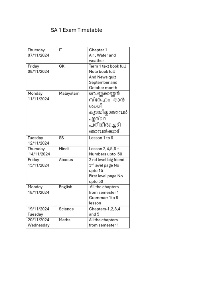 SA 1 Exam Timetable 2024 | PDF