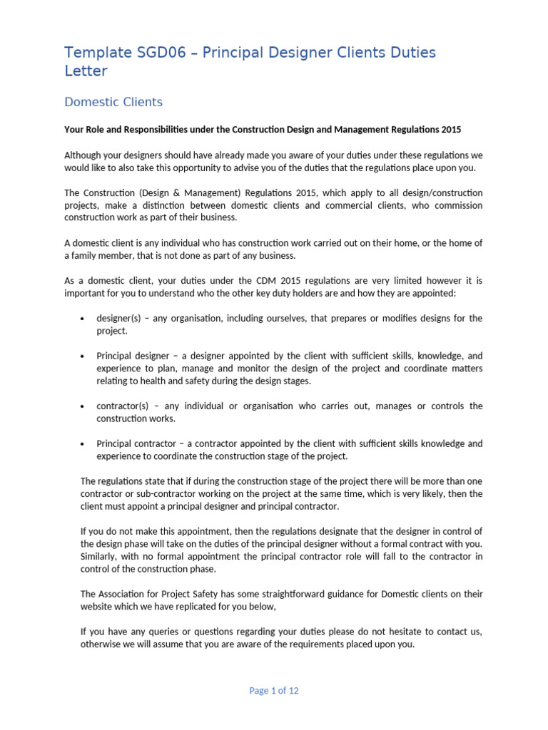 Template SGD06 - Principal Designer Clients Duties Letter | PDF | Business