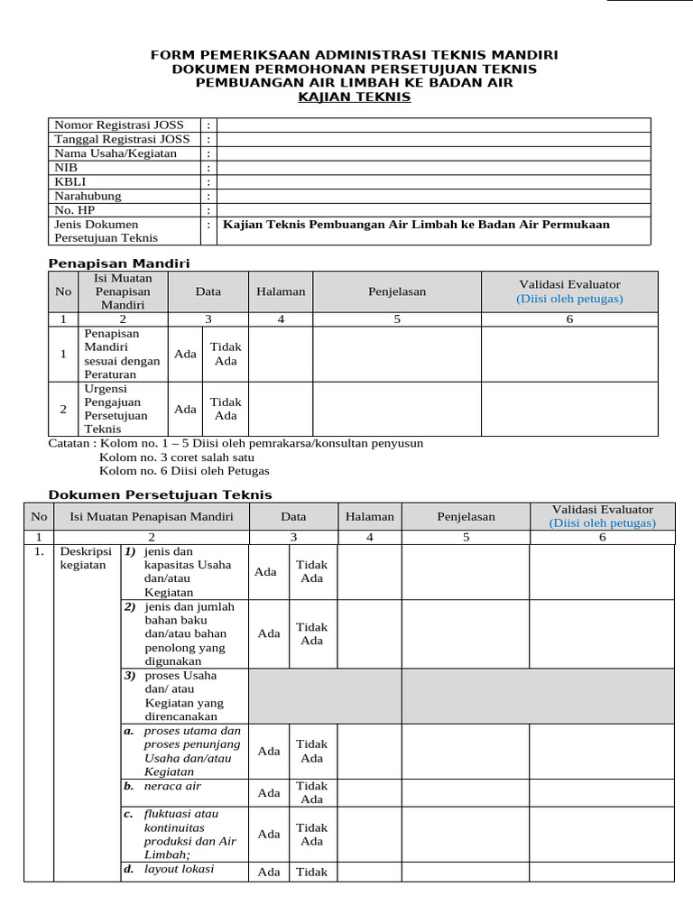 1a. Form Pemeriksaan Mandiri - Pertek Pembuangan - Kajian Teknis | PDF