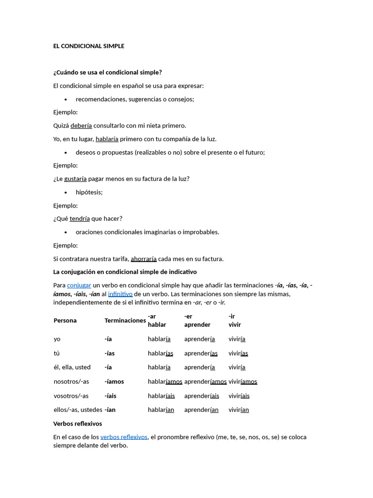 EL CONDICIONAL SIMPLE - Español para Extranjeros | PDF | Verbo | Morfología