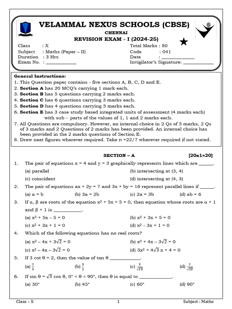 Class 10 Maths Revision Exam Paper | PDF | Mathematics
