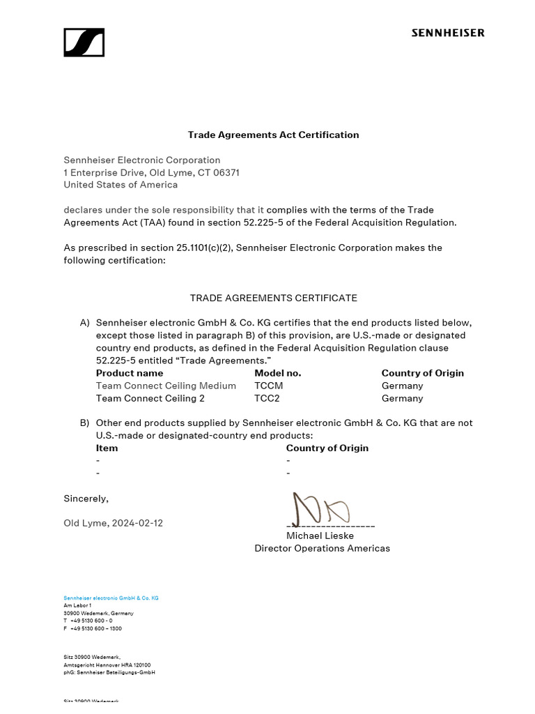 Sennheiser TAA Compliance Certification | PDF