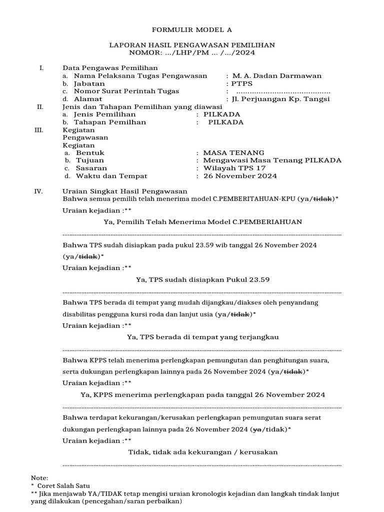 FORM A PTPS Persiapan PEmungutan 26 Nov 2024 | PDF