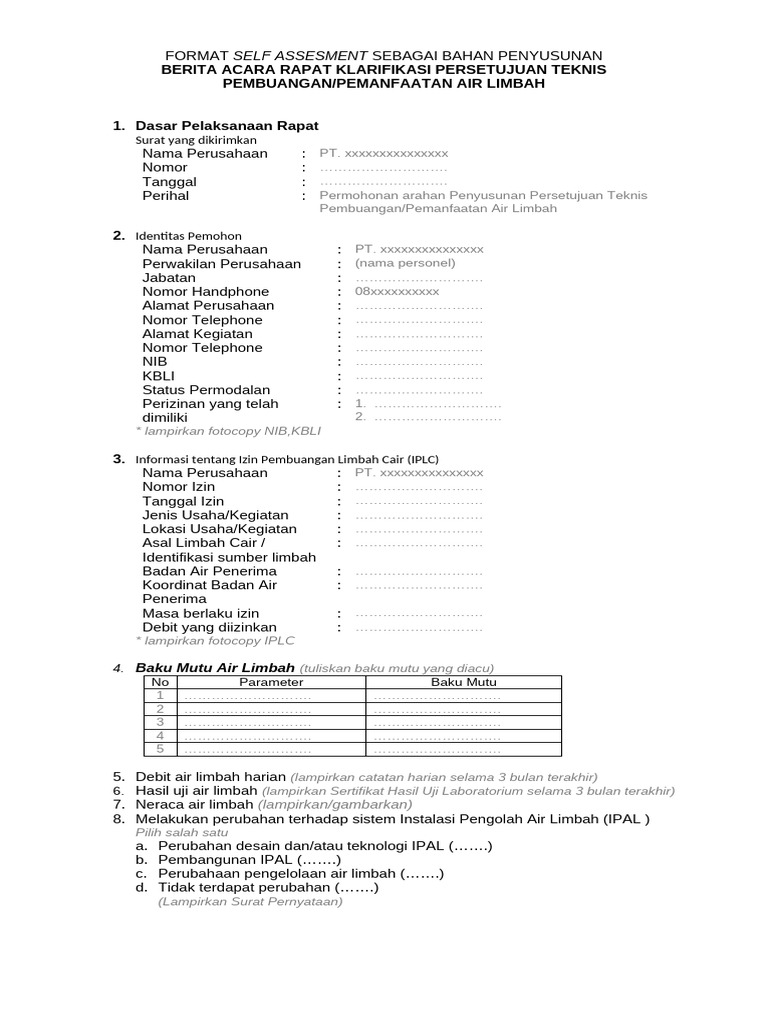 FORMAT SELF ASSESMENT Arahan Pertek Air | PDF