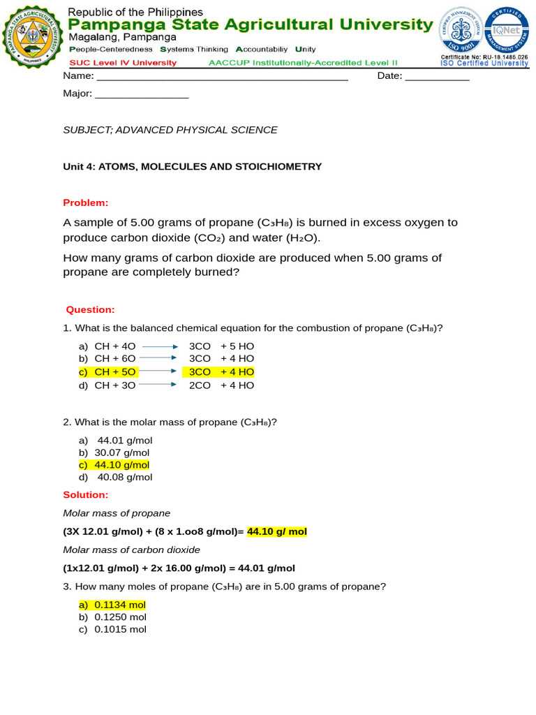 Answer Atoms Molecules and Stoichiometry Don Benedict Nues | PDF | Mole ...